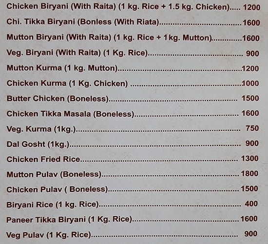 Menu at Arfa hotel, Mumbai