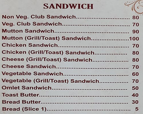 Menu at Arfa hotel, Mumbai