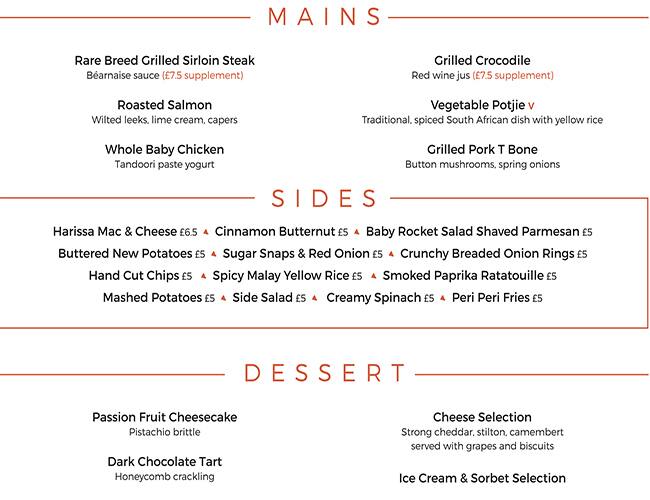 Menu at Shaka Zulu restaurant, London