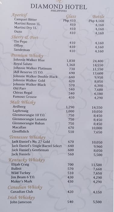 Menu at Lobby Lounge Diamond Hotel cafe, Manila