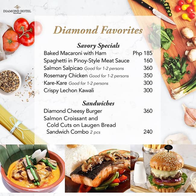 Menu at Lobby Lounge Diamond Hotel cafe, Manila
