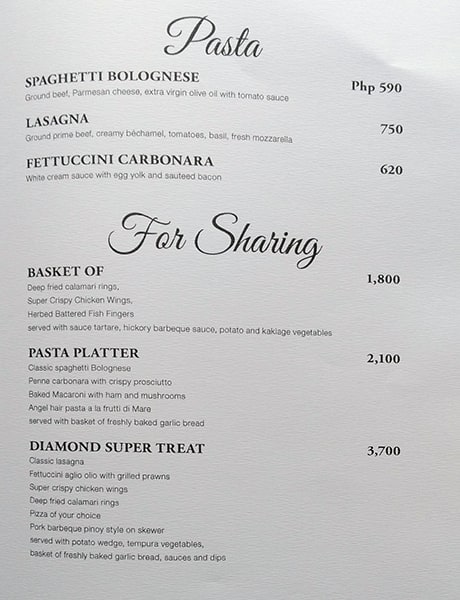 Menu at Lobby Lounge Diamond Hotel cafe, Manila
