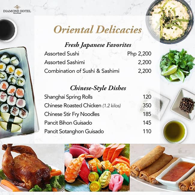 Menu at Lobby Lounge Diamond Hotel cafe, Manila