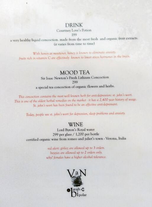 Menu at Van Gogh is Bipolar restaurant, Quezon City