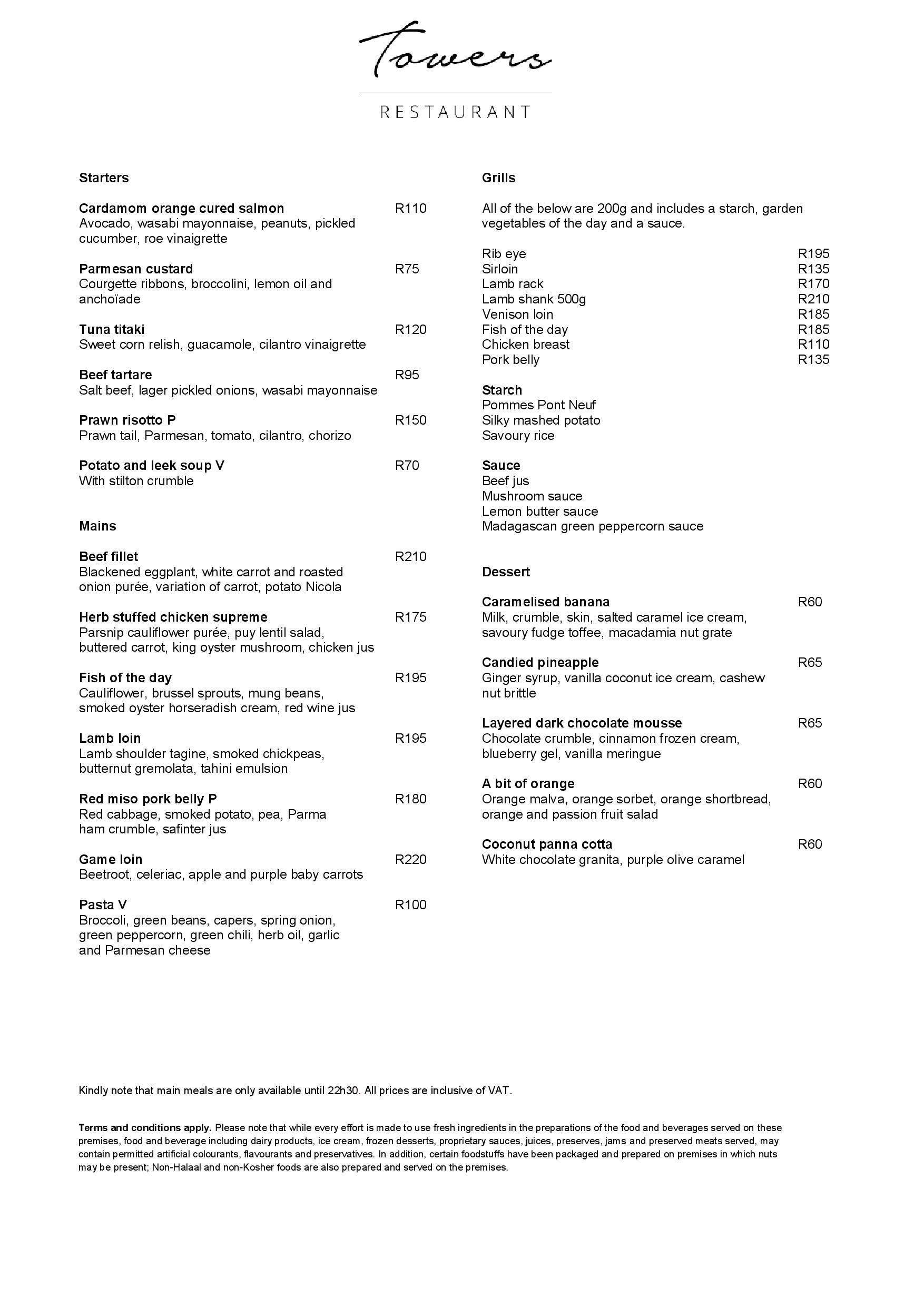Menu at Towers Restaurant, Cape Town