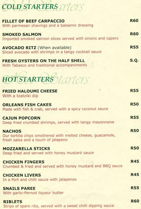 Menu at Bennigan's restaurant, Johannesburg, Upper Level