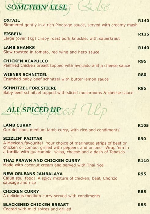 Menu at Bennigan's restaurant, Johannesburg, Upper Level