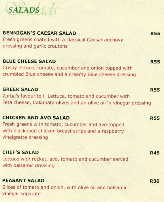 Menu at Bennigan's restaurant, Johannesburg, Upper Level