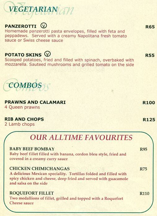 Menu at Bennigan's restaurant, Johannesburg, Upper Level
