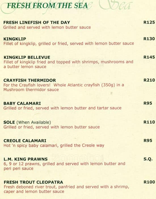 Menu at Bennigan's restaurant, Johannesburg, Upper Level