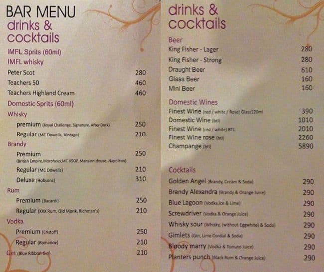 Menu at Bliss Bar, Chennai, 25Q5+6X2