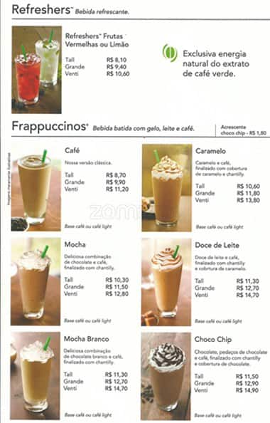 Menu em Starbucks café, São Paulo, Shopping Pátio Higienópolis
