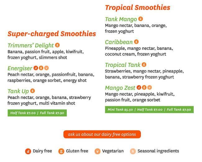 Menu at Tank Juice Bar, Christchurch, 128/129 Riccarton Road