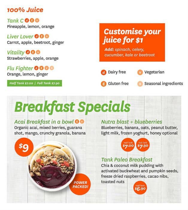 Menu at Tank Juice Bar, Christchurch, 128/129 Riccarton Road