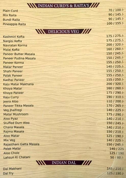 Menu at Dana Pani, Jaipur, Pradhan Marg