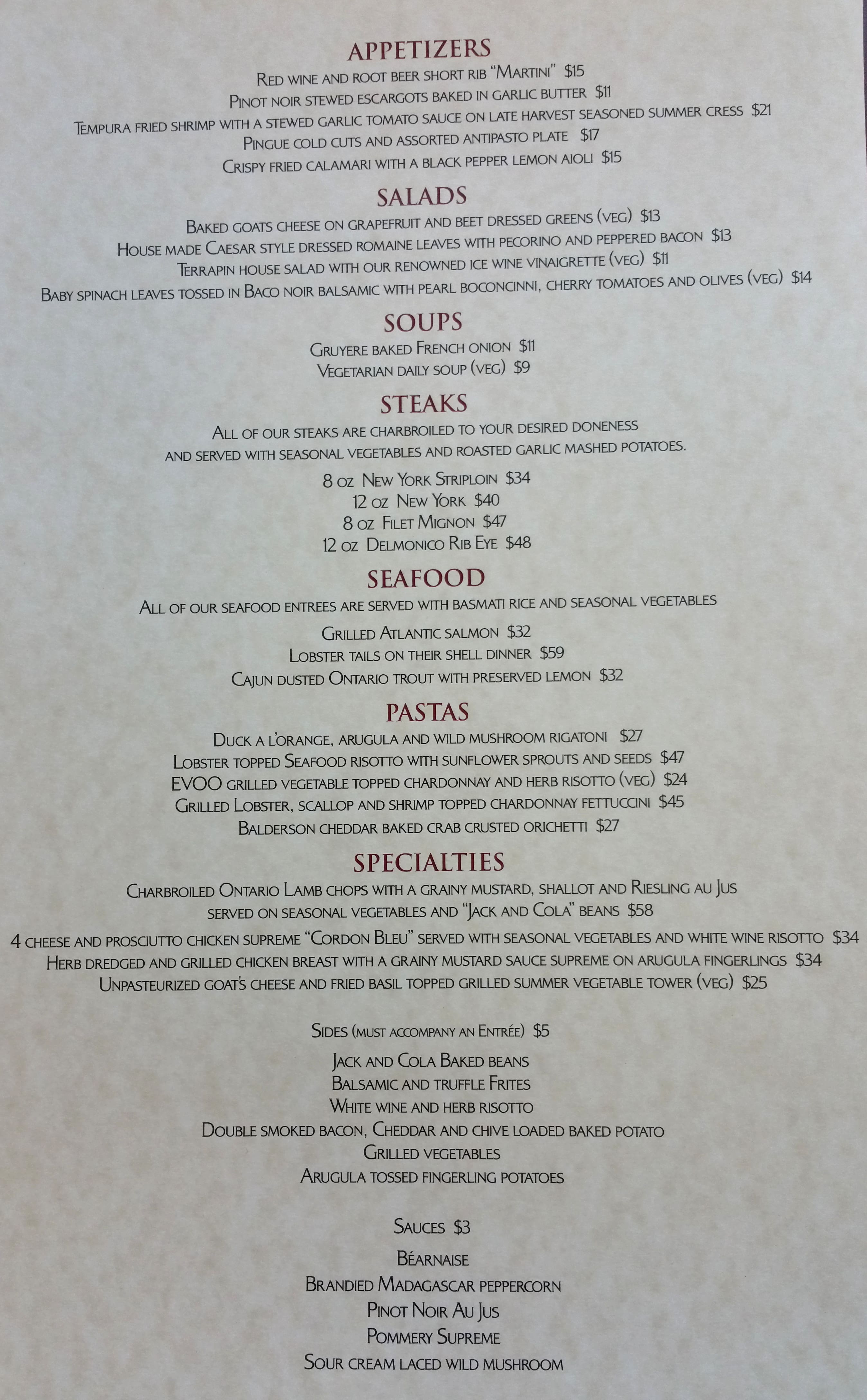 Menu at Terrapin Cafe, Niagara Falls