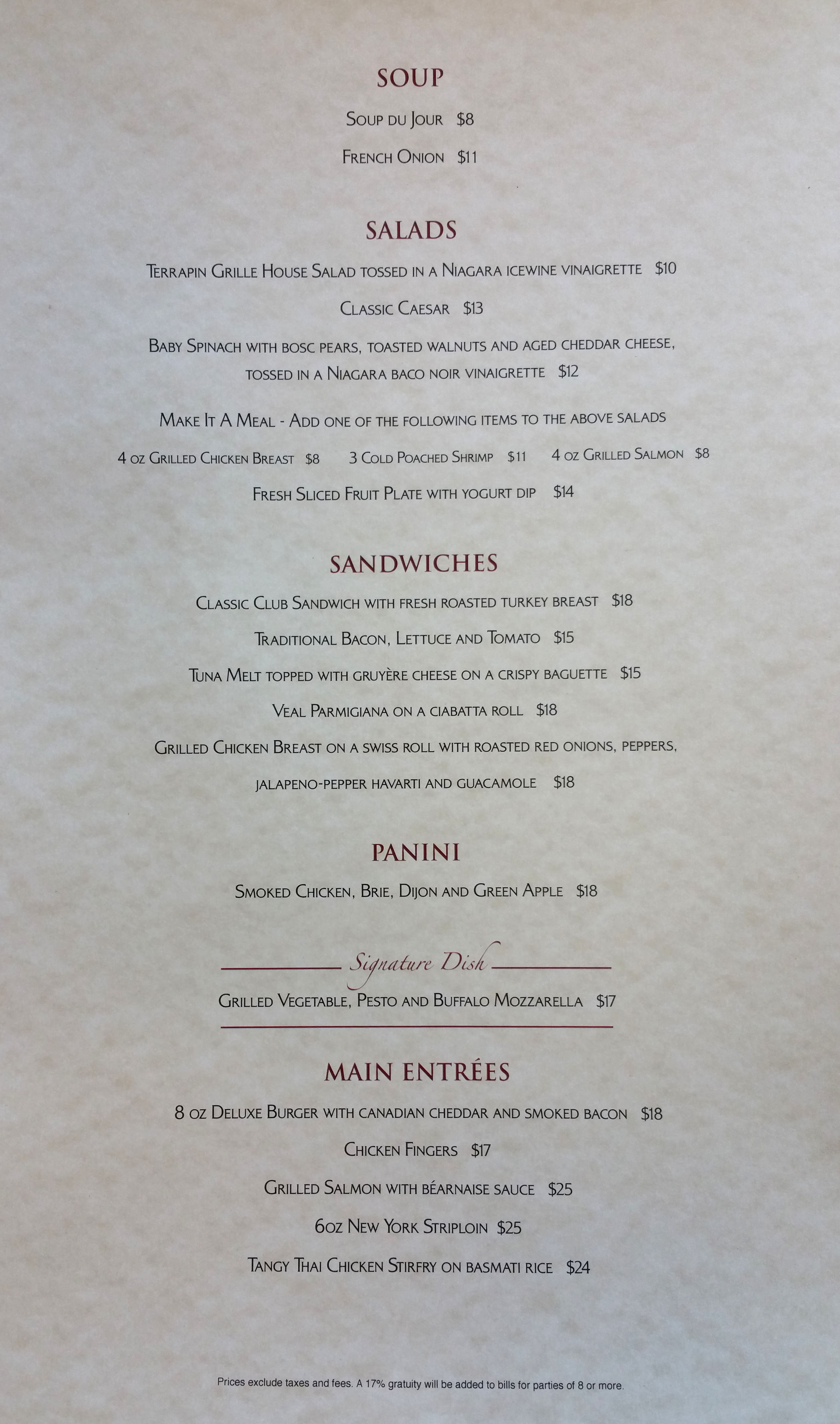 Menu at Terrapin Cafe, Niagara Falls