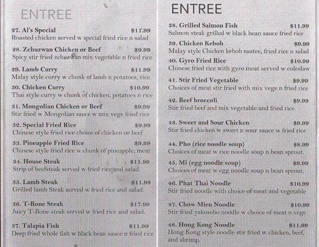 Carta del restaurante Olympic Express, Seattle