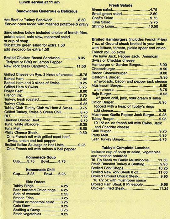 Menu at Tubby's restaurant, Rohnert Park