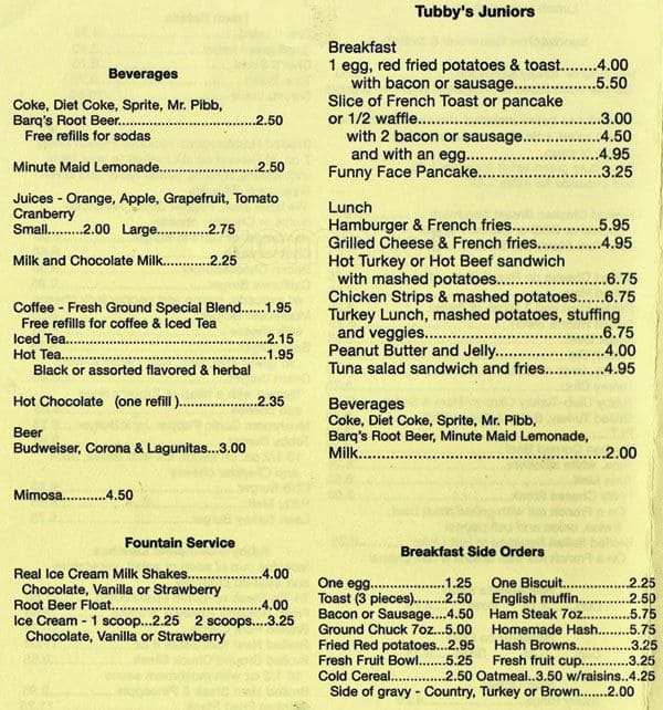 Menu at Tubby's restaurant, Rohnert Park