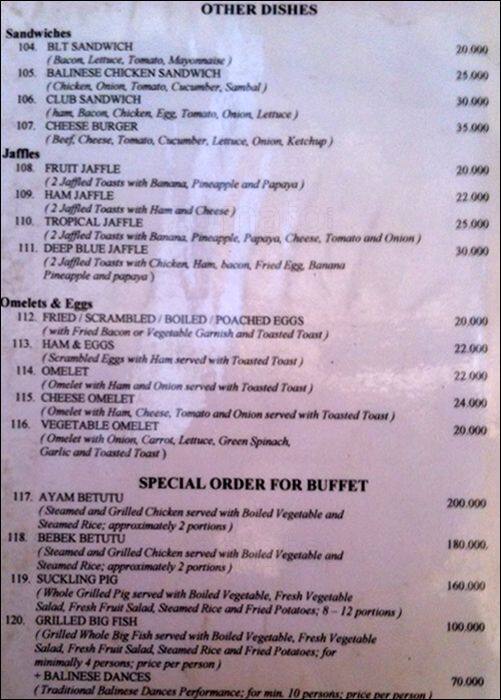 Menu at Deep Dive Restaurant, Tulamben