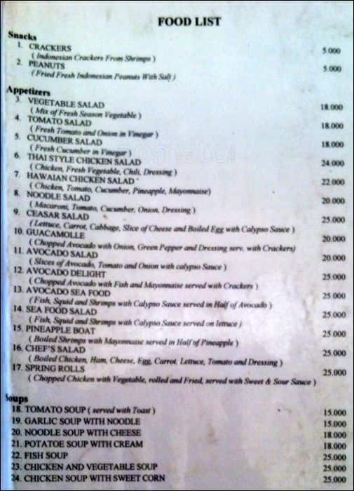 Menu at Deep Dive Restaurant, Tulamben