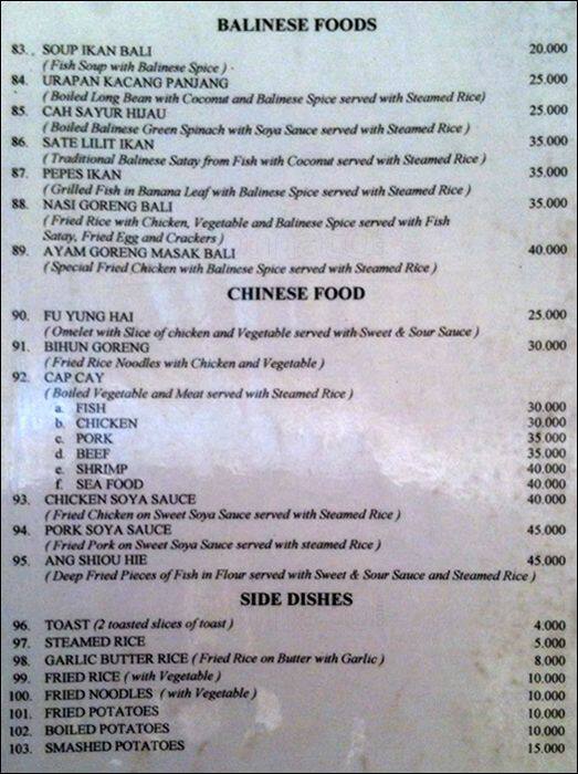 Menu at Deep Dive Restaurant, Tulamben