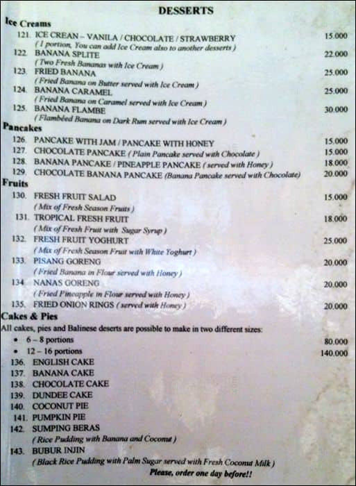 Menu at Deep Dive Restaurant, Tulamben