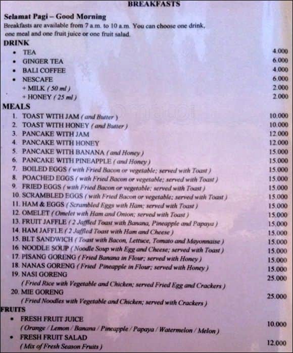 Menu at Deep Dive Restaurant, Tulamben