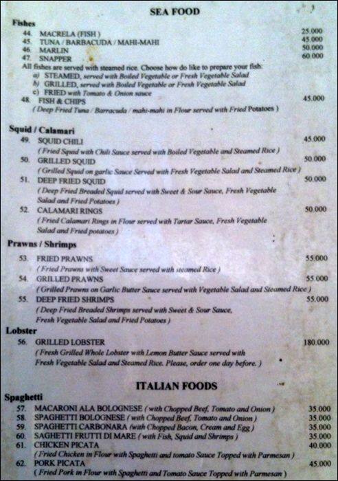 Menu at Deep Dive Restaurant, Tulamben