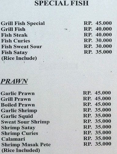 Menu at Wayan's Warung restaurant, Denpasar