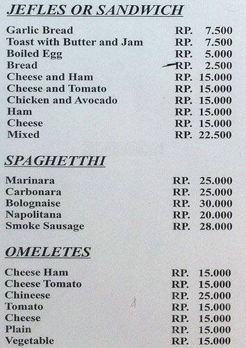 Menu at Wayan's Warung restaurant, Denpasar