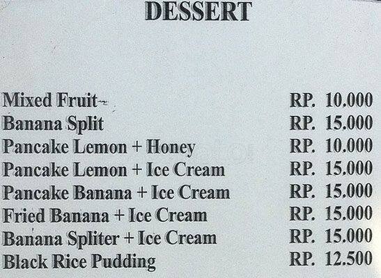 Menu at Wayan's Warung restaurant, Denpasar