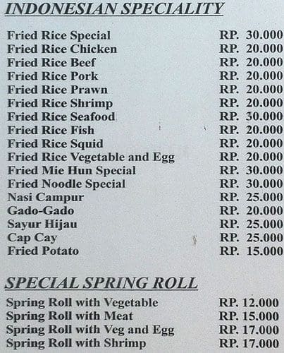 Menu at Wayan's Warung restaurant, Denpasar