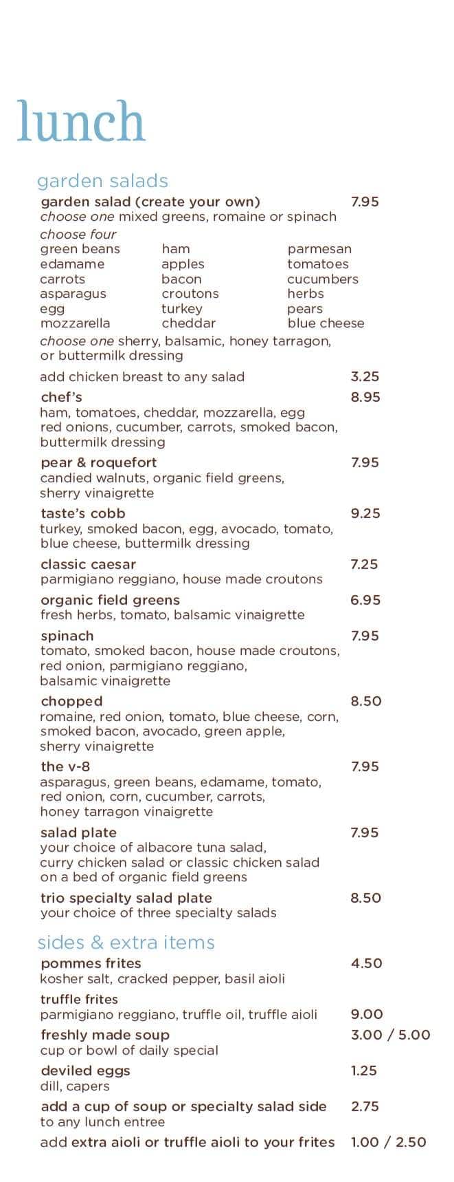 Menu at Taste Cafe & Marketplace, Indianapolis