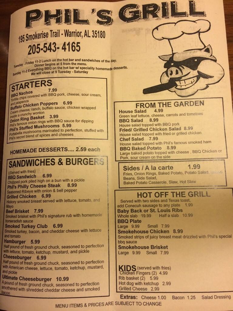 Menu at Phil's Grill BBQ, Warrior