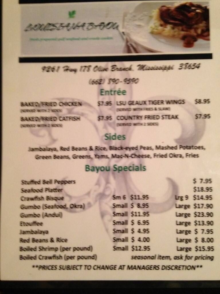 Menu at Louisiana Bayou, Memphis, Mississippi 178
