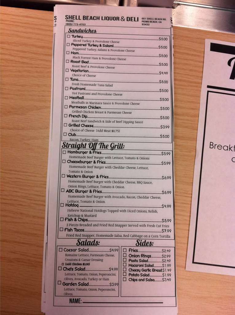 Menu at Shell Beach Liquor & Deli restaurant, Pismo Beach