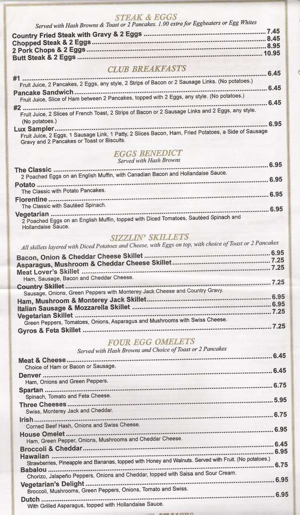 Menu at Lux Cafe, Goshen