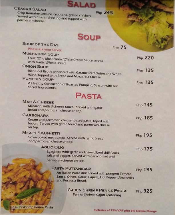 Menu at Allegra's Kitchen restaurant, Manila