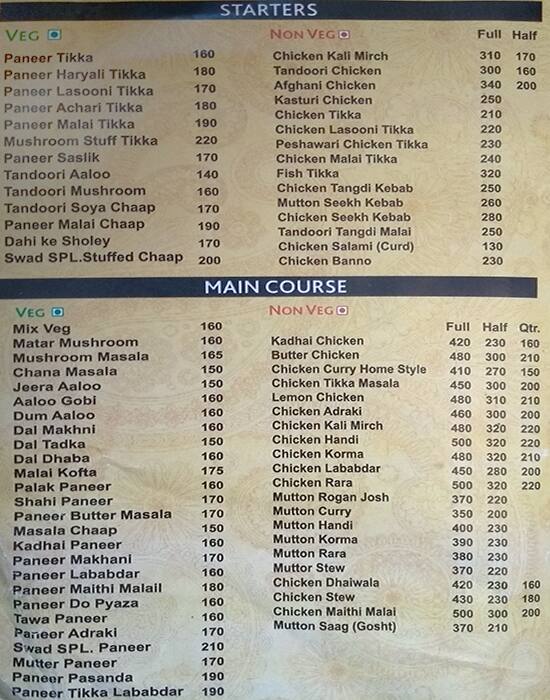 Menu of Swad Restaurant, Sector 14, Gurgaon