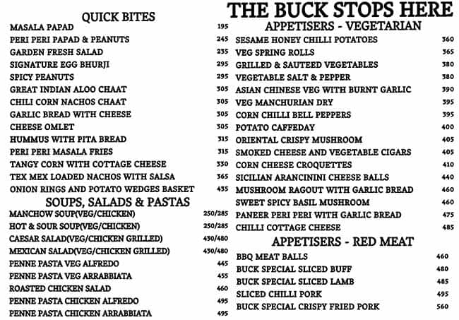 Menu of The Buck Stops Here, DLF Cyber City, Gurgaon