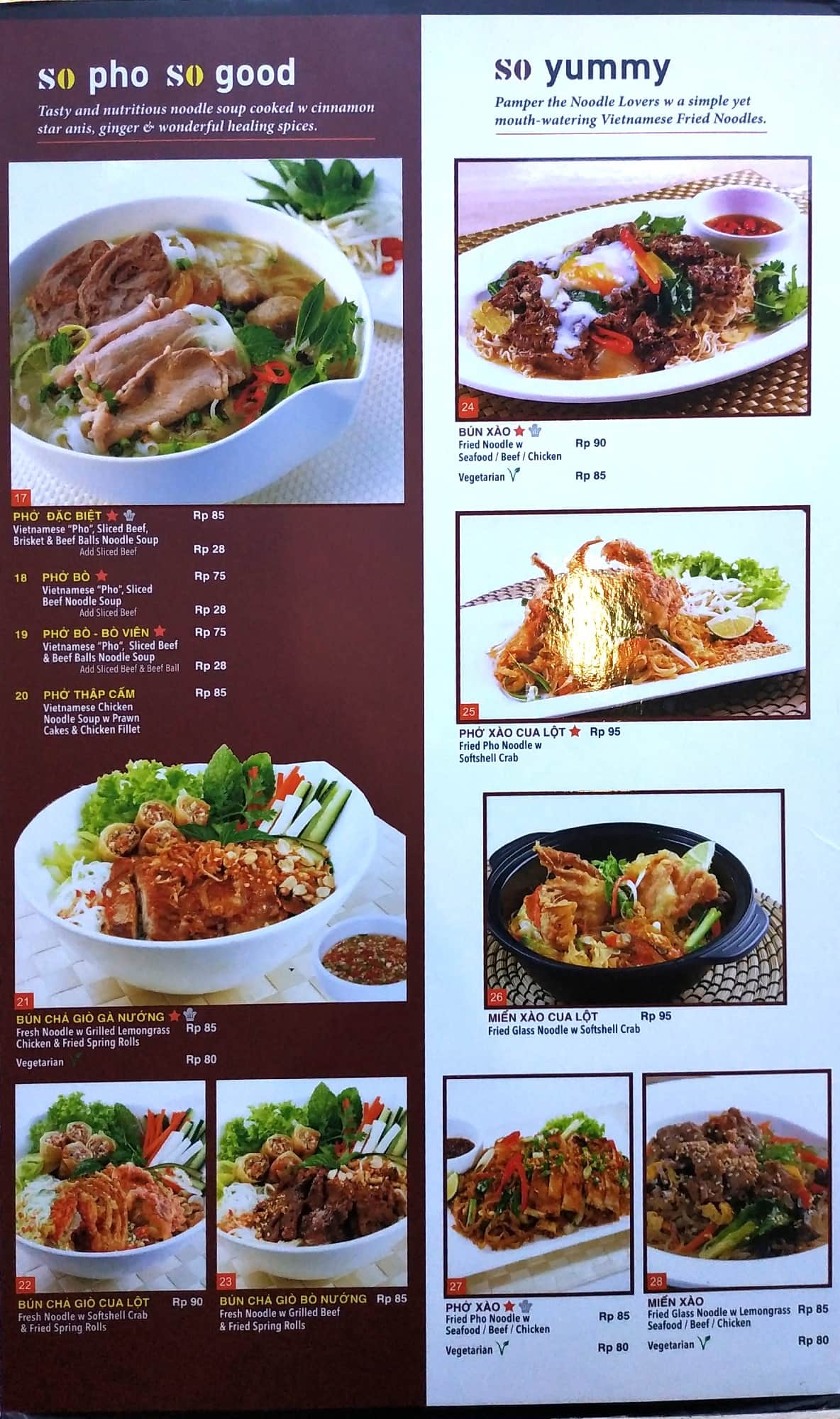 Menu at SO PHO Vietnamese Cafe, Jakarta