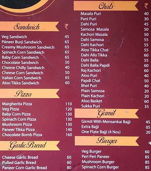 Menu at Chat Bandi, Bengaluru