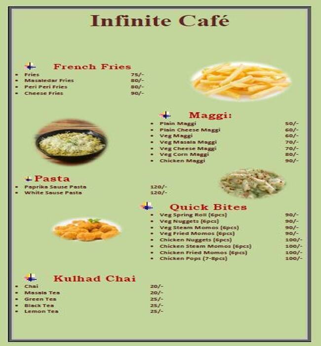Menu of Infinite Cafe, Dange Chowk, Pune