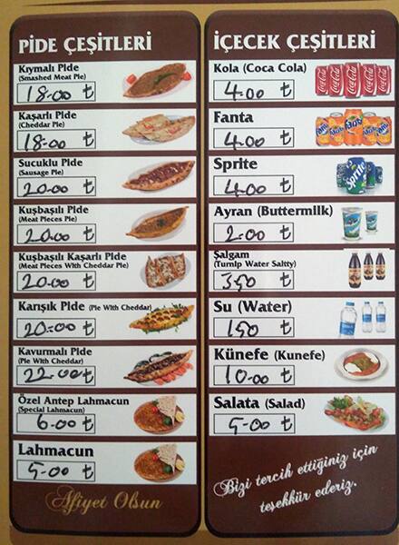 Menu at Beyzade Kebap, Istanbul, Tuna Cd. No:34