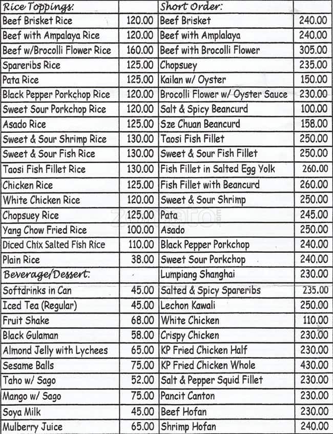 Menu at Kimpo Tea House, Mandaluyong