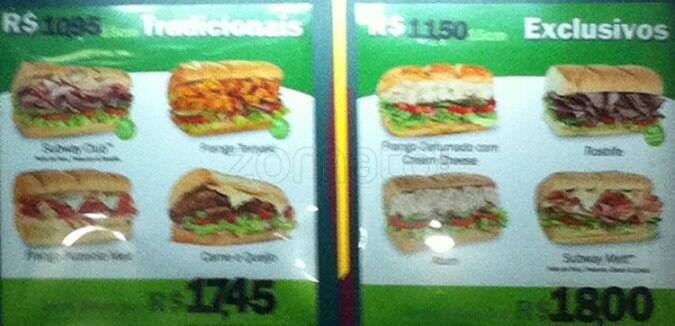 Menu em Subway restaurante de fast food, Rio de Janeiro, Av. Passos
