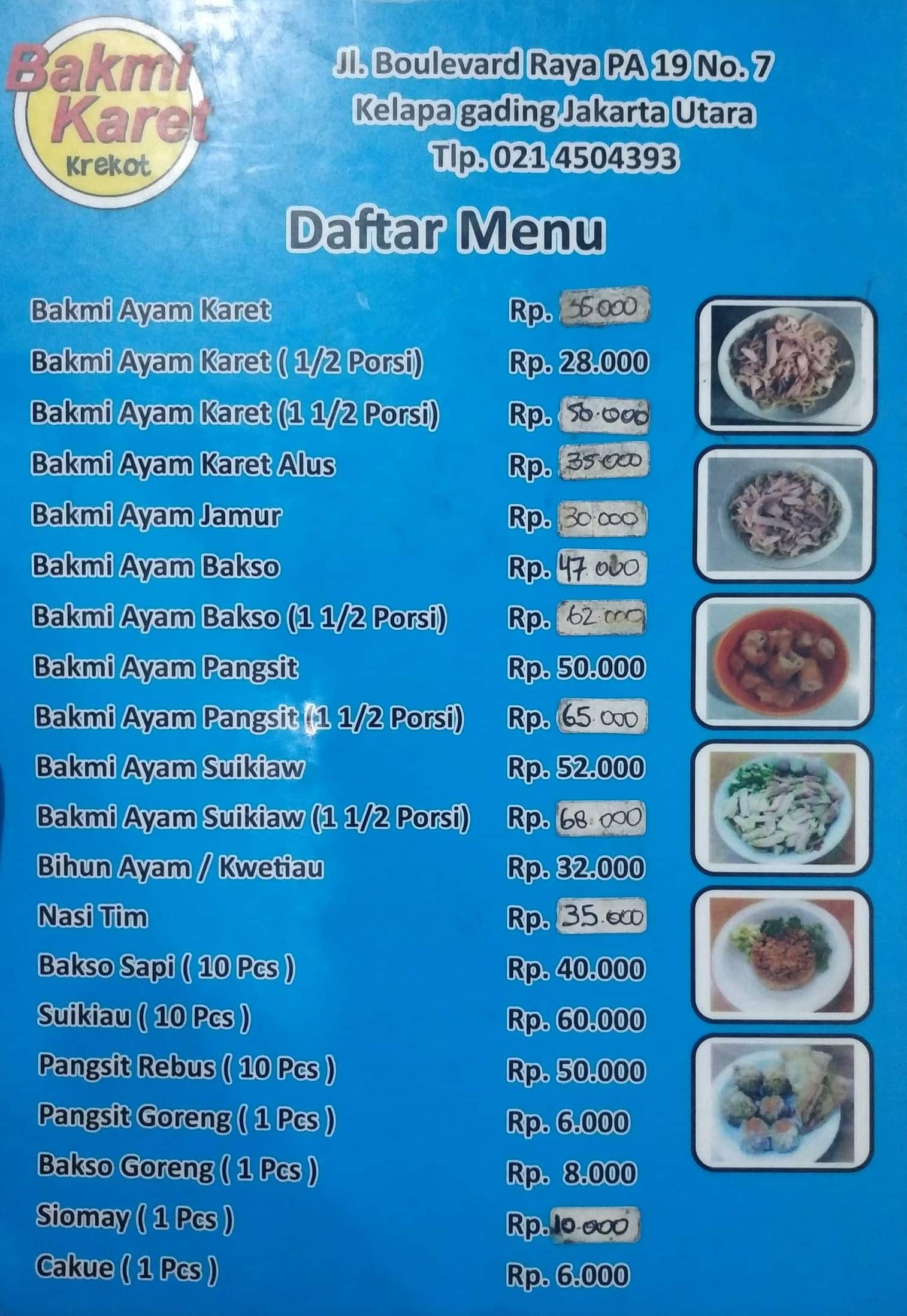 Menu at Bakmi Karet Krekot restaurant, Jakarta, Jalan Boulevard Raya PA 19