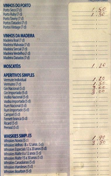 Menu at A Tasca do Jaime restaurant, Lisbon, Rua da Graça 91